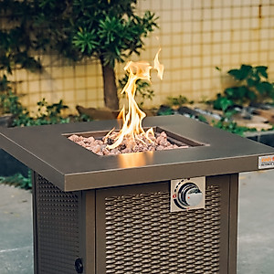 Propane Fire Table, Outdoor Fire Pit Table with Lid and Lava Rock, 28" Large Fireplace with Auto-Ignition 50000 BTU, Gas Fire Pits for Patio Garden Backyard, Brown