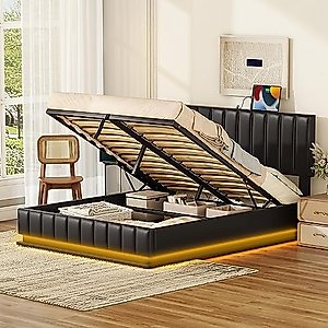 Favfurish Queen Size Lift Up Storage Bed,with Hydraulic System & 16 Color of LED Light,PU Upholstered Modern Platform BedFrame,w/Sockets and USB Ports for Boys Girls Teens Adult,Black
