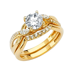 Sonia Jewels 14k Yellow Gold Cubic Zirconia CZ Wedding Band and Engagement Bridal Ring Two Piece Set Size 7.5
