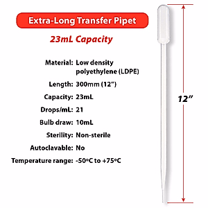 Globe Scientific 139050B Transfer Pipettes, 300mm Extra Long, 23.0mL Capacity, Pack of 100
