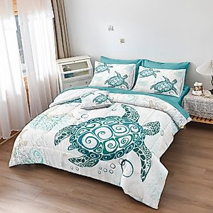 MOVE OVER Coastal Bedding Set Queen Size Sea Turtle Comforter Set with Sheet Set Teal Blue Ocean Comforter Set Beach Theme Bedding Set 8 Pieces Teal Sea Turtle Bedding Set for Summer