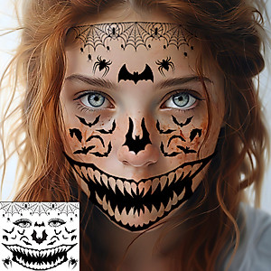 Enyacos 7pcs Scary Halloween Face Temporary Tattoos For Women Men,Skeleton Mouth Tattoo,Halloween Makeup Adults, 3d Spider Web Face Tattoo Sticker,Fake Cuts Halloween Decor Party Supplies (A)