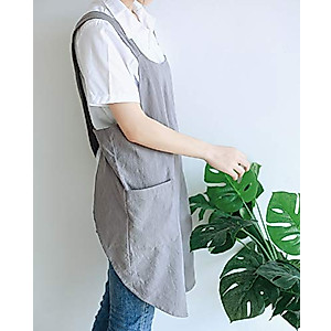 NEWGEM Japanese Linen Cross Back Kitchen Cooking Aprons for Women with Pockets Cute for Baking Painting Gardening Cleaning Gray