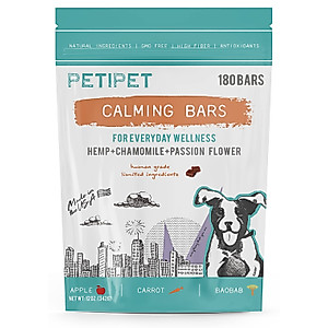 PETIPET Vegan Calming Bars for Small Dogs - Anxiety Composure Relief - with Carrots, Apples, Hemp, Chamomile, Passion Flower - for Dog Stress & Separation Aid + Chewing & Barking 180 Treats