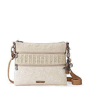 Sakroots Basic Crossbody Bag in Coated Canvas, Multifunctional Purse with Adjustable Strap & Zipper Pockets, White Flower Blossom