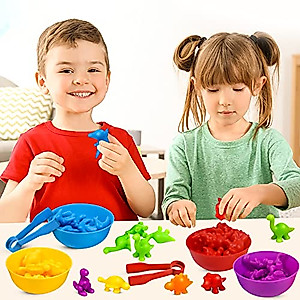 Counting Dinosaurs Toys Matching Game with Sorting Bowls Preschool Learning Activities Montessori Sensory Teaching Toys for Math Counters Color Sorting for Toddlers Kids Age 3+ Old Boys Girls