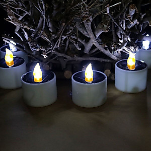 Christmas Decor 6 Pieces Romantic LED Flameless Candles Lights/Lamps, Solar Power LED Tea Light Candles Nightlight for Home Decor (Yellow Flickering)