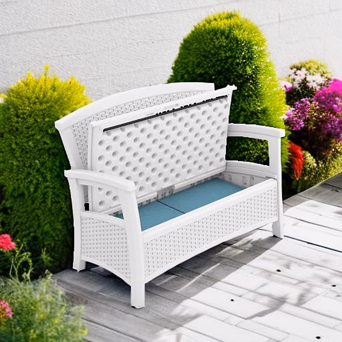 Suncast Elements Stylish Lightweight Loveseat Outdoor Seating with Convenient Built In Universal Storage, and All Weather Plastic, White