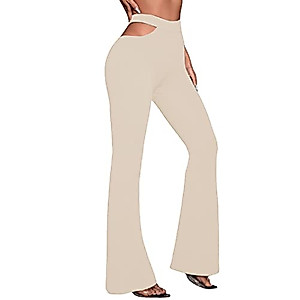 Avanova Women's Cutout High Waist Flare Leg Sexy Party Bootcut Long Pants Beige 05 X-Large