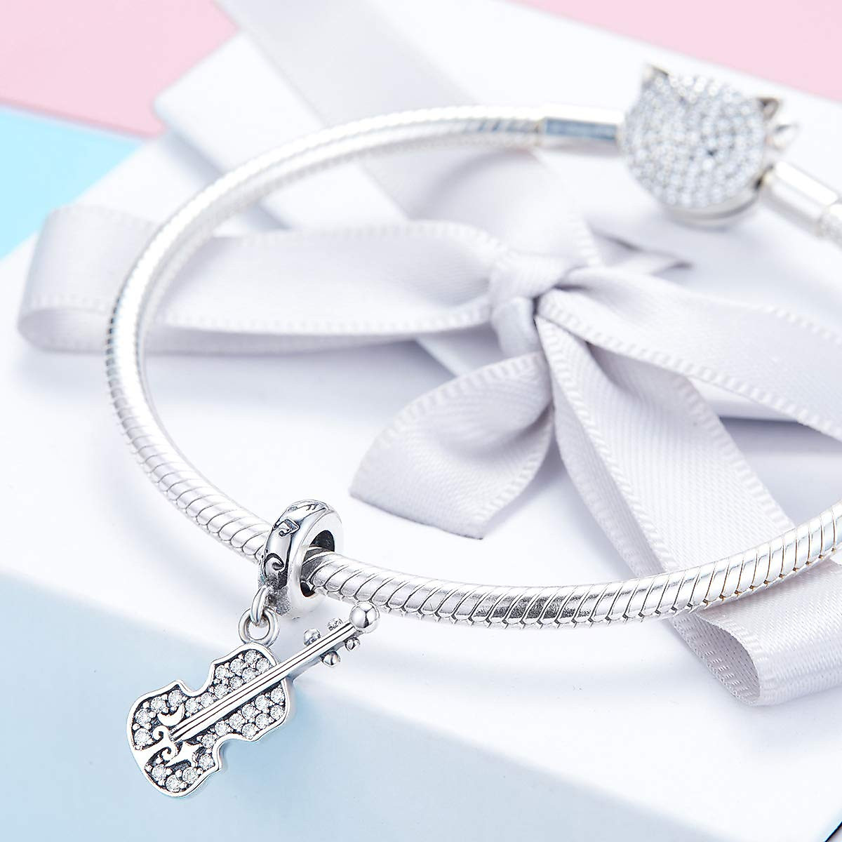 Fans of Violin Charms Beads 925 Sterling Silver Music Bead Vote Charm Fit Original Bracelet (Guitar Dangle)