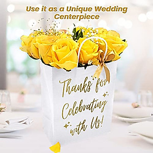 25 Pack Wedding Gift Bag with Tissue Paper - Gold Wedding Gift Bags for Hotel Guests, Welcome Bags for Wedding Guests Bulk, Wedding Gift Bags for Hotel Guests, Wedding Welcome Bags, Thank You Gift Bags Medium Size (8"L x 4.5"W x 10"H, White)