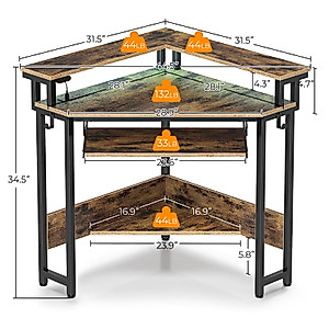 Rolanstar Corner Desk, 44.5" W x 34.5" H Small Computer Desk with Power Outlets, Gaming Desk with LED Lights, Triangle Corner Desk with Keyboard Tray & Monitor Stand for Small Space, Rustic Brown