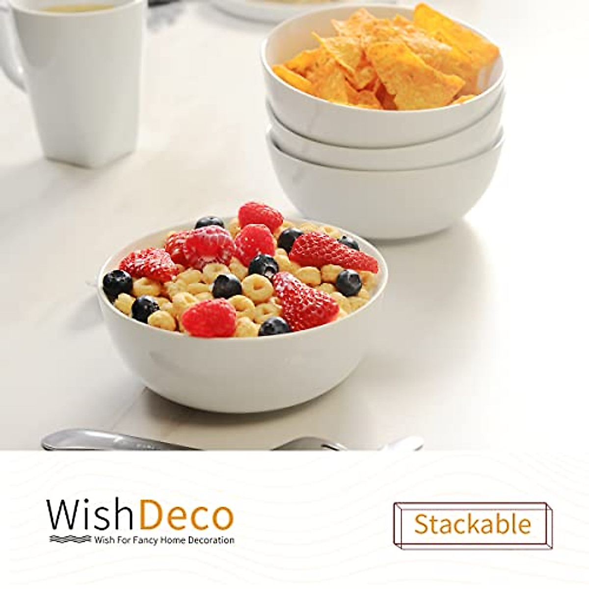 WishDeco Cereal Bowls Set of 4, Ceramic Soup Bowls, 20 Ounce Breakfast Bowls, 6" White Bowls for Dessert, Oatmeal, Pasta, Noodle, Salad, Rice, Microwave & Dishwasher Safe
