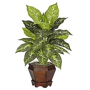 Nearly Natural Dieffenbachia with Wood Vase Silk Plant (Set of 2)