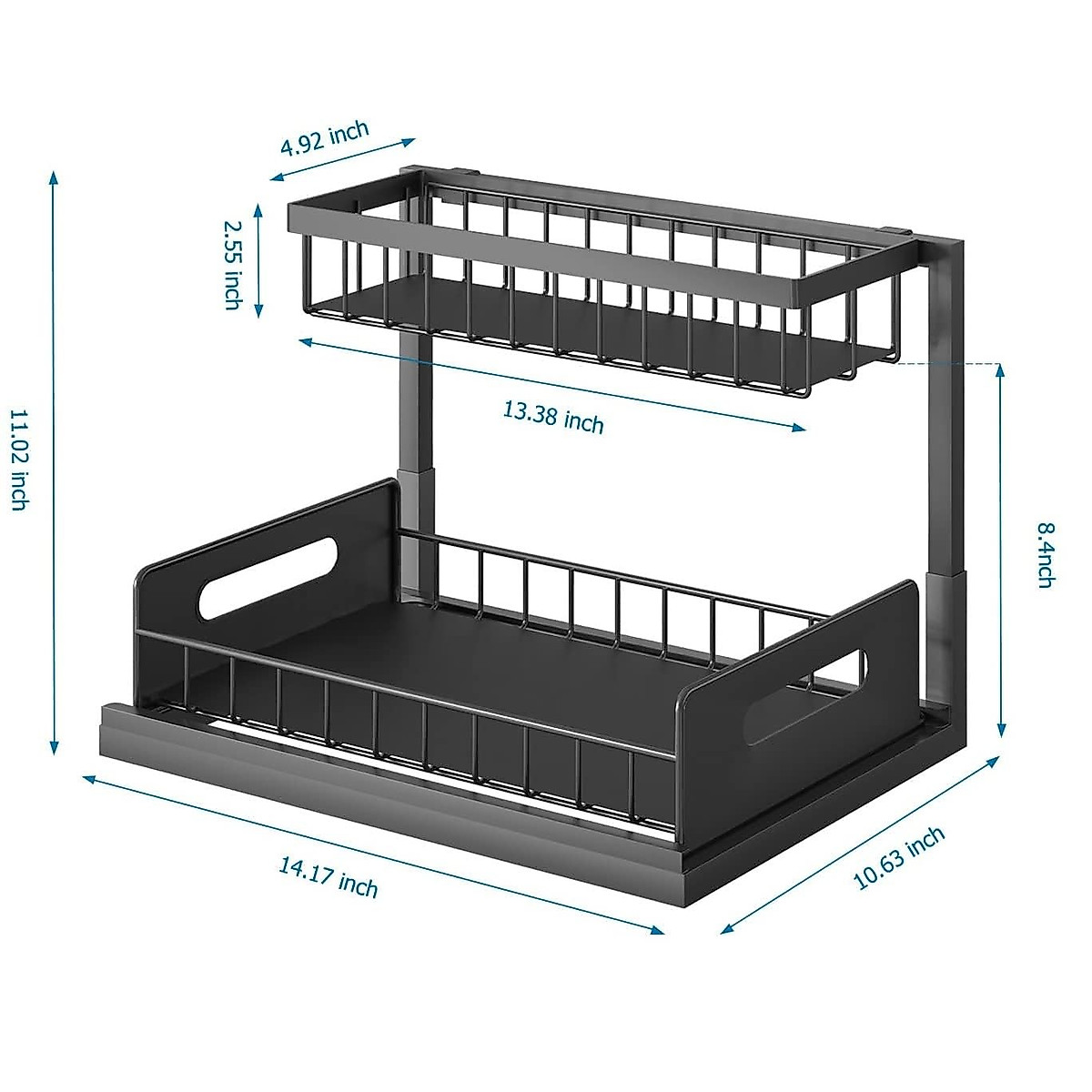 Under The Sink 2-Tier Sliding Organizer - Kitchen And Bathroom Cabinet Storage- Sturdy L-Shaped, Pull Out Shelf - Ideal for Kitchen, Bathroom, Cabinet, and Countertop - Black Metal