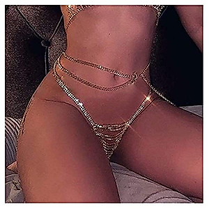 Sexy Rhinstone Underwear Thong Panties Crystal Body Chain Jewelry Bikini Crystal Belly Waist Body Chain For Women (Gold)