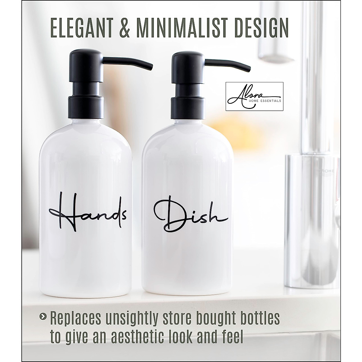 Alora Hand Soap Dispenser and Liquid Dish Soap Dispenser for Kitchen Sink - Set of 2 - Black Metal Pumps - Reusable Plastic Bottle with Easy to Read Lettering - Countertop Replacement Refill