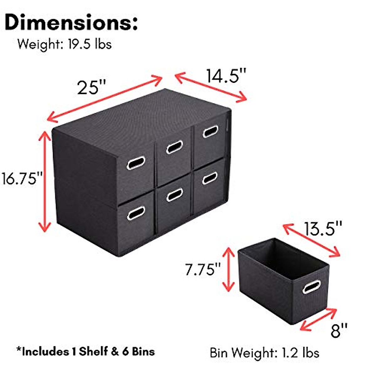 BIRDROCK HOME Black Linen Cube Organizer Shelf with 6 Storage Bins – Strong Durable Foldable Shelf – Kid Toy Clothes Towels Cubby – Collapsible Bedroom Fabric Shelves and Cubes