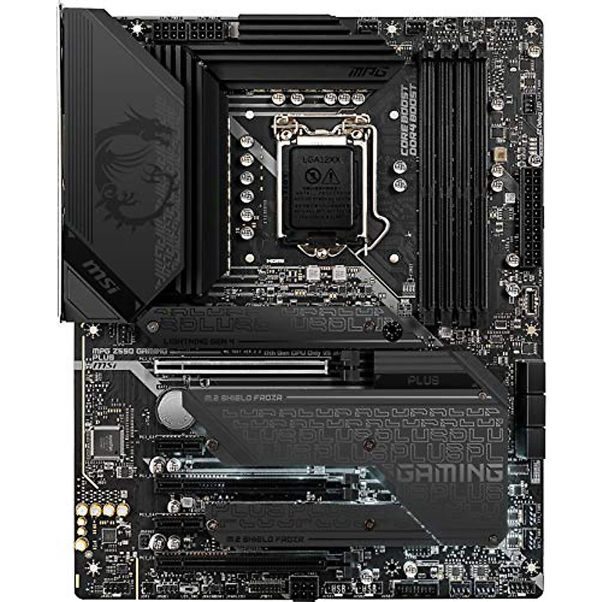 MSI MPG Z590 Gaming Plus Gaming Motherboard (ATX, 11th/10th Gen Intel Core, LGA 1200 Socket, DDR4, PCIe 4, CFX, M.2 Slots, USB 3.2 Gen 2, DP/HDMI, Mystic Light RGB)