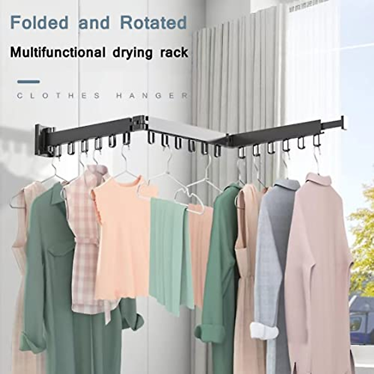 AZHZOLSK Clothes Drying Rack Laundry Space Saver Wall Mounted Retractable & Collapsible(Tri-Fold) Clothes Hanging 18 Windproof Hooks White Color Rack