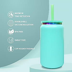 Glass Cups with Lids and Straws, 16 oz Stainless Steel Cups, Insulated Skinny Tumbler, Powder Coated Travel Mugs for Laser Engrave, Iced Coffee Cup for Smoothie Water DIY Gift (Mint Green,1 pack)