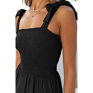 ZESICA Women's 2024 Summer Boho Spaghetti Strap Square Neck Solid Color Ruffle A Line Beach Long Maxi Dress,Black,Small