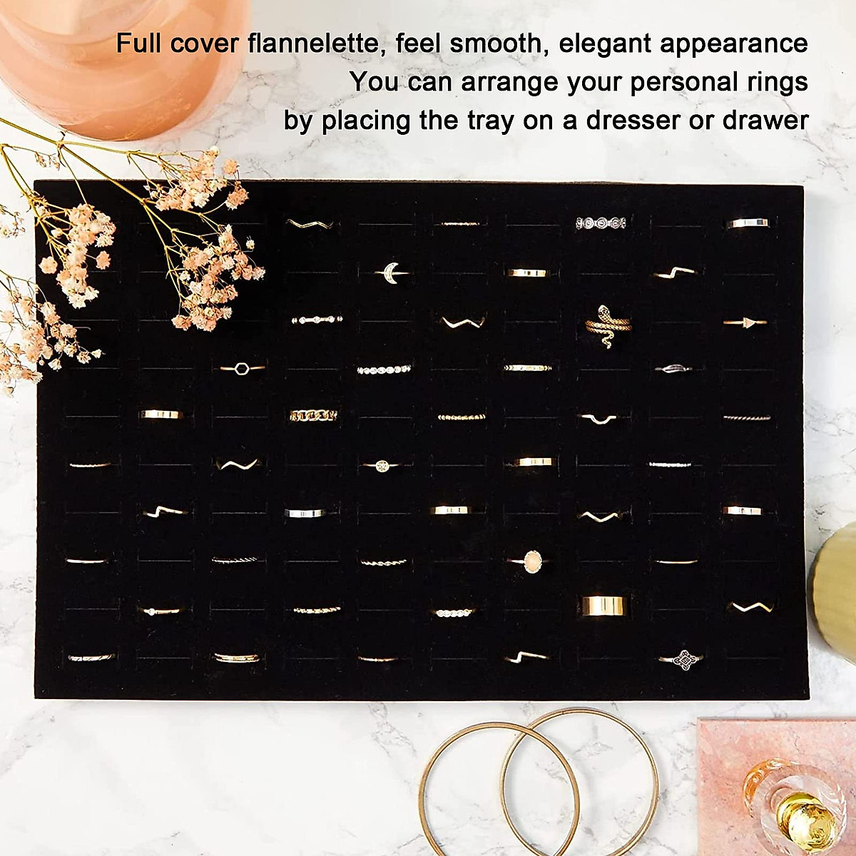 UPQRSG Ring Holder Display Tray, 50 Slots Black Soft Velvet Ring Organizer, Jewelry Organizer Stand, Stud Earring Holder Organizer for Selling Rings Earrings Show