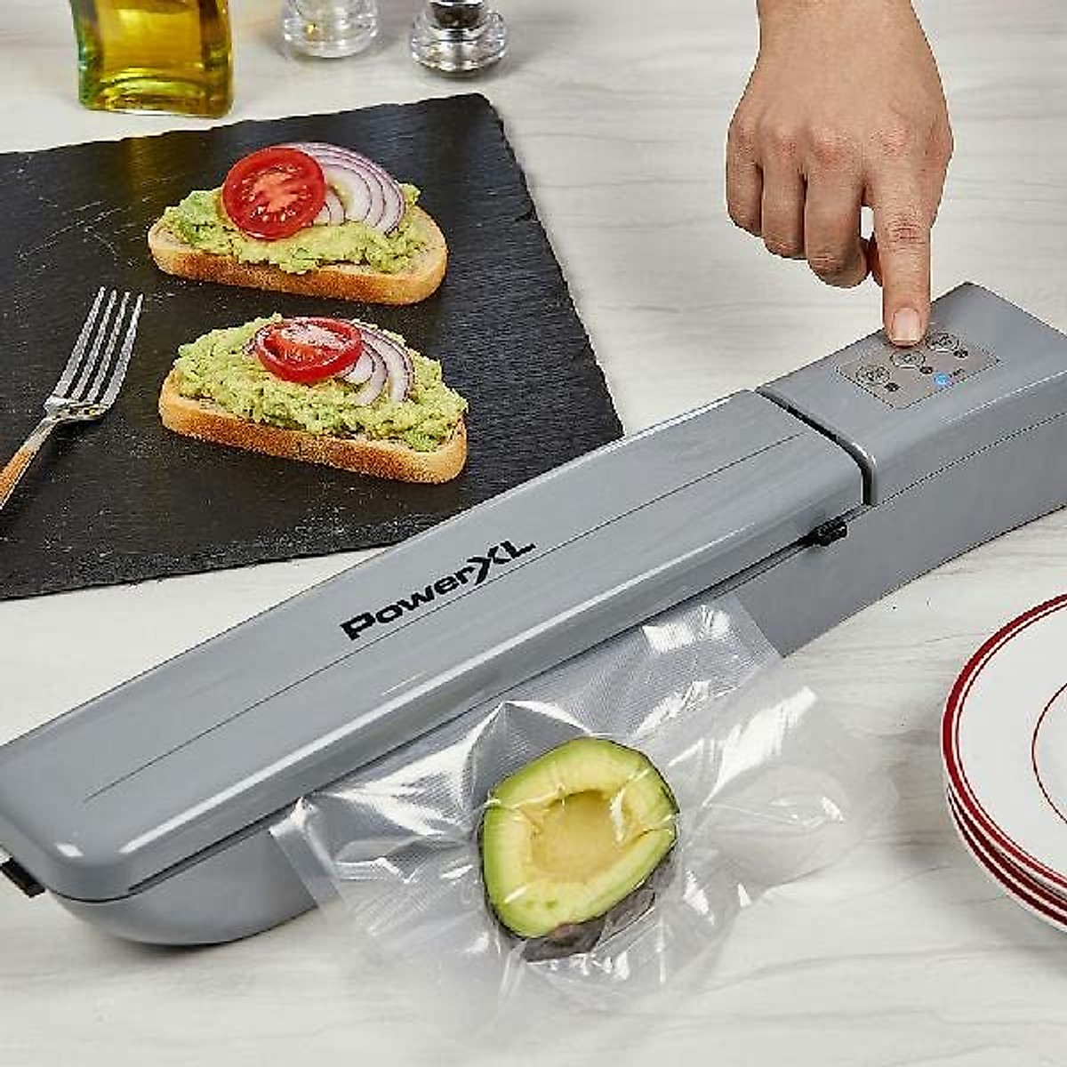 PowerXL Duo NutriSealer Food Vacuum Sealer Machine with Vacuum Seal Bags & Rolls, Double Airtight Sealing with Built-in Cutter, Small Snack Bag Capability, LED Indicator Lights (Slate Deluxe)