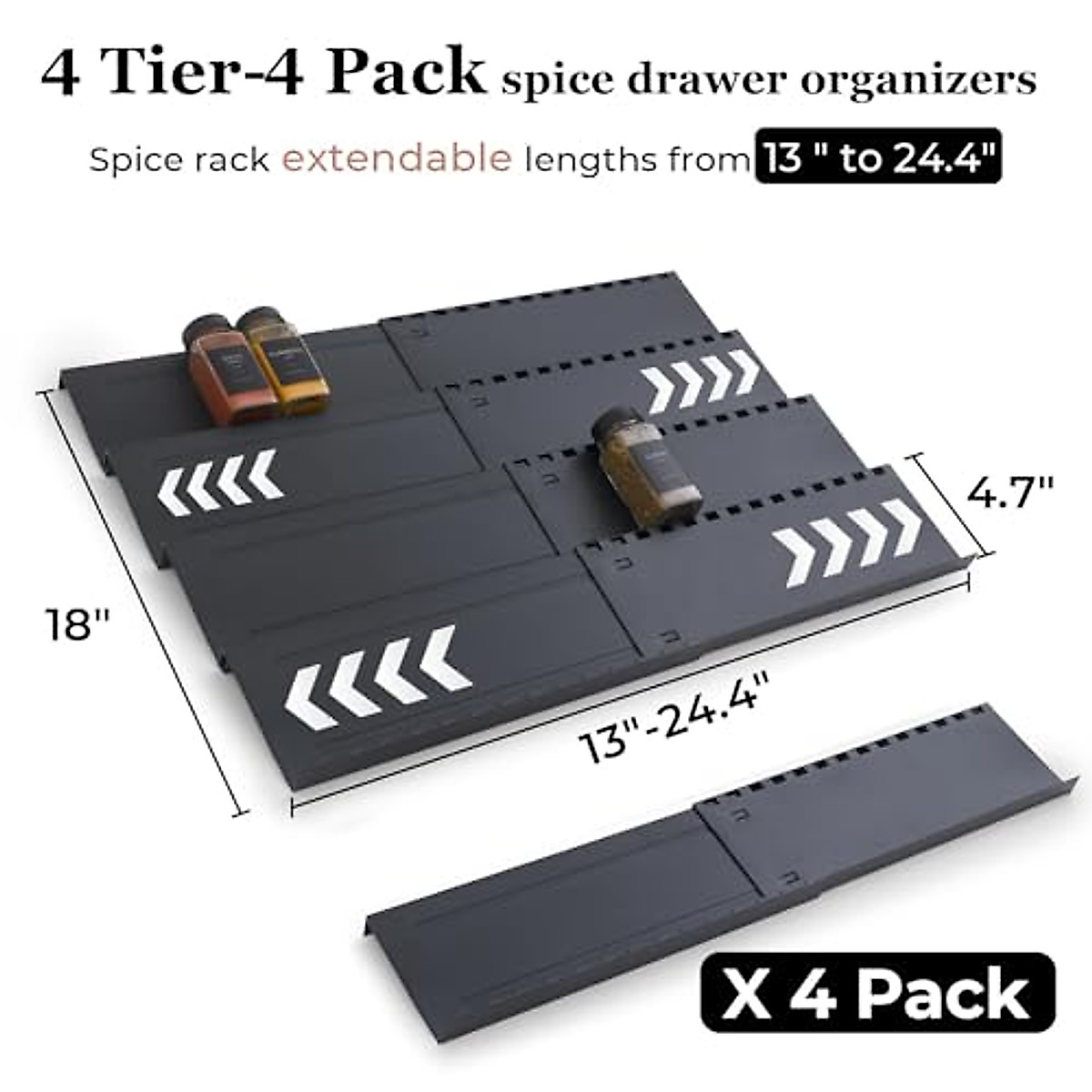 Homhut Spice Drawer Organizer, 4 Tier- 4 Pack Drawer Seasoning Organizer Expandable from 13" to 24.4", Spice Rack for Kitchen Drawers, Spice Organization Insert Tray for Drawer (Jars not included)