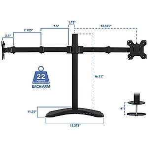 Mount-It! Dual Monitor Stand for Desk - 2 Screen Mount for Two Computer Screens up to 32 Inch and 17 Lbs - Free-Standing Base Swivels, Tilt, Rotates 360 Adjustable Arms - VESA Compatible Sturdy Steel