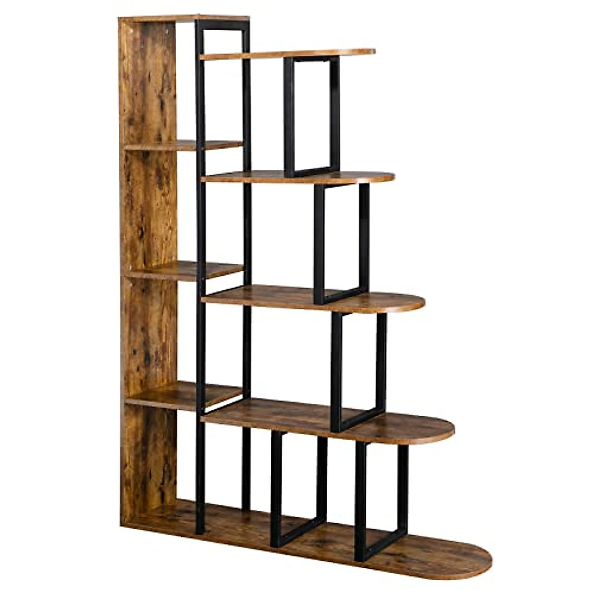 VINGLI 5-Tier Bookshelf, 5 Shelf Geometric Industrial Rustic Open Bookcase, 62.99" H L-Shape Freestanding Corner Ladder Shelf for Living Room, Study, Office, Retro Brown