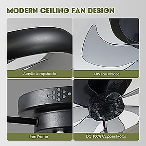 LUDOMIDE Ceiling Fans with Lights, 20" Flush Mount Ceiling Fan with Remote & APP Control, Black Low Profile Ceiling Fan with 6 Wind Speeds, Smart Dimmable LED Ceiling Fan for Bedroom, Living Room