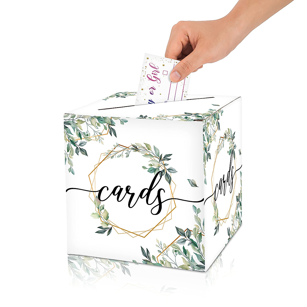 Greenery Card Box - Geometric Gold Foil Collapsible Money Box or Gift Box for Baby & Bride Shower, Birthday, Wedding Reception, Engagement Party, Graduation - 8"x8"x8" Party Favors Decorations Boxes(04)