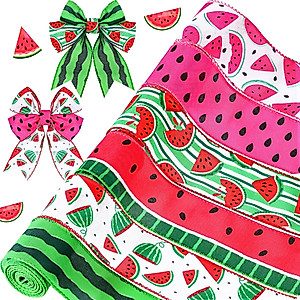 6 Roll 30 Yard Summer Wired Ribbon 2.5 Inch Watermelon Print Wired Edge Ribbons DIY Stripe Watermelon Ribbon Burlap Fruit Ribbon Roll Gift Wrapping Ribbon for Wreath Craft Baby Shower Party Decoration