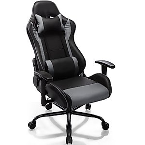 Reclining Gaming Chair - Adjustable Back Angle and Arms High Back PU Leather E-Sports Racing Gamer PC Computer Desk Swivel Office Chair - Grey