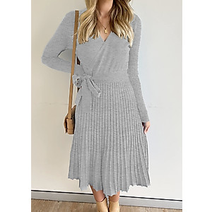 ZESICA Women's Fall Long Sleeve Wrap V Neck Ribbed Knit Pleated A Line Pullover Sweater Dress with Belt,Grey,Small