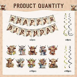 Cheerdecor Highland Cow Birthday Decorations - 16PCS Cow Birthday Party Decorations Brown Happy Birthday Banner Chic Highland Cow Hanging Swirls Western Highland Cow Birthday Party Ceiling Decor