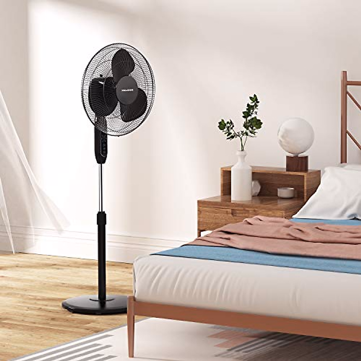 PELONIS 16'' Pedestal Remote Control, Oscillating Stand Up Fan 7-Hour Timer, 3-Speed and Adjustable Height, PFS40A4BBB, Supreme 16"-Black