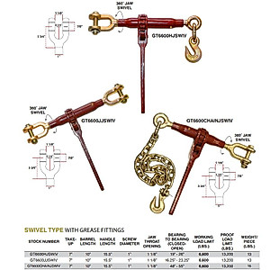 Grab Hook Swivel Jaw Turnbuckle Ratcheting Load Binder Tie Down Waste Management, Equipment Handling, Transport Cargo Control 6,600 lbs | Pro Quality | Max Capacity 19,800 lbs