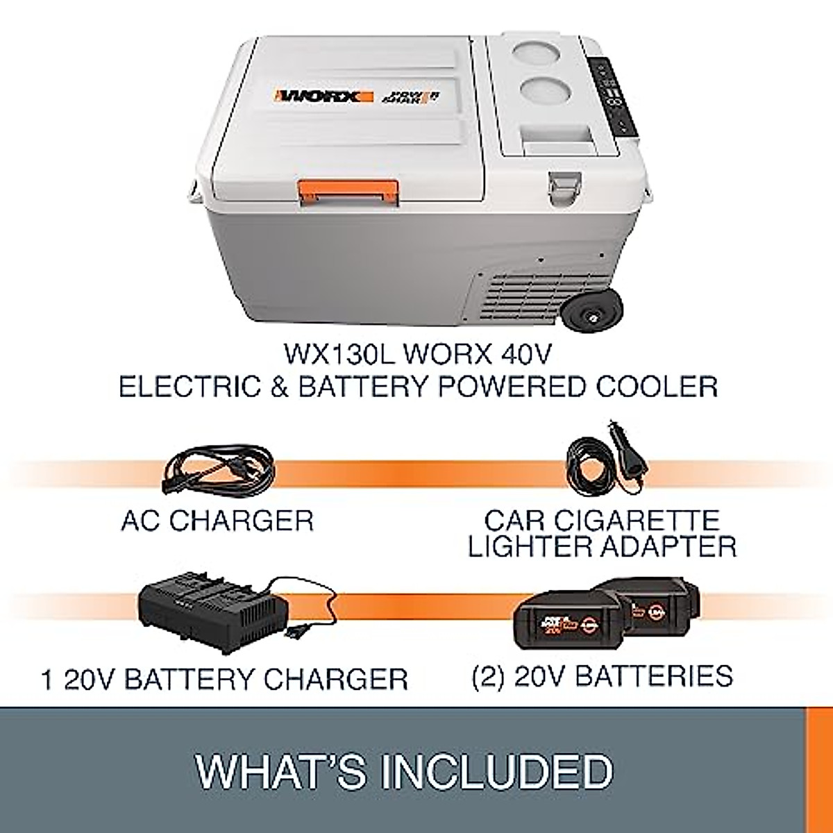 Worx 20V Mini Refrigerator 24 Qt, Portable Electric Cooler, Car Cooler Fridge for Truck RV Camping, Power Share WX876L (Batteries and Charger Included)