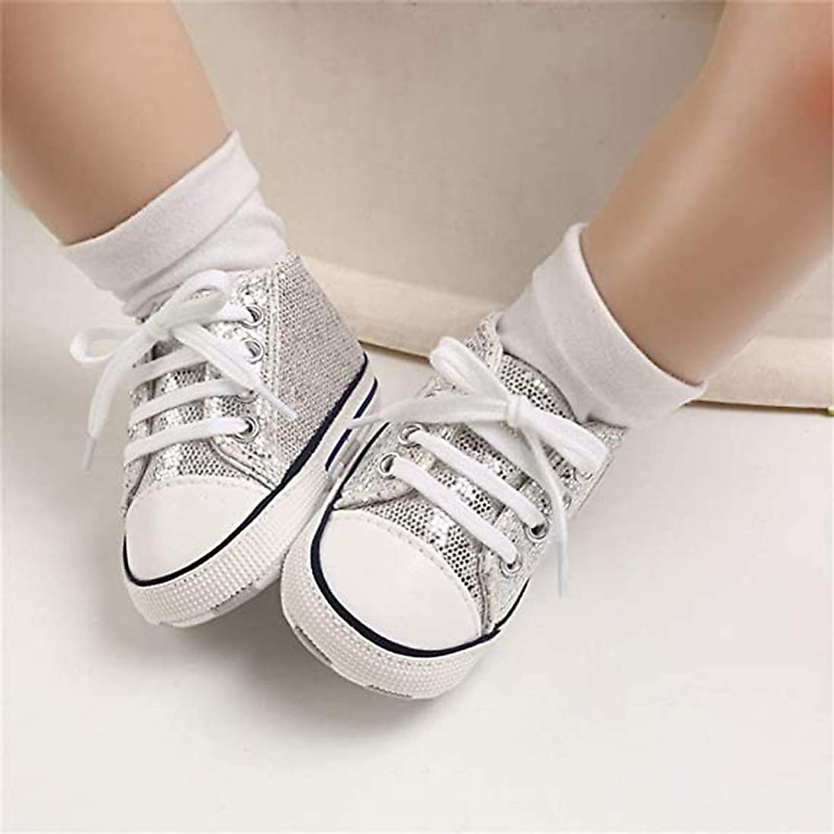 Baby Girls Boys Shoes Soft Anti-Slip Sole Newborn First Walkers Star High Top Canvas Denim Unisex Infant Sneaker (B01-sequins Sliver, 0-6 Months)