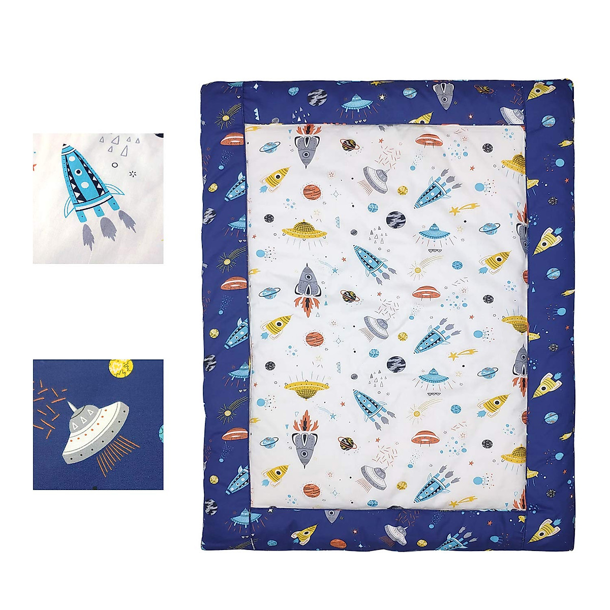 Brandream Baby Boys Crib Bedding Sets Outer Space Rocket Planet Astronaut Nursery Bedding Set,3 Piece Baby Newborn Crib Comforter Sets 100% Cotton, Navy/White
