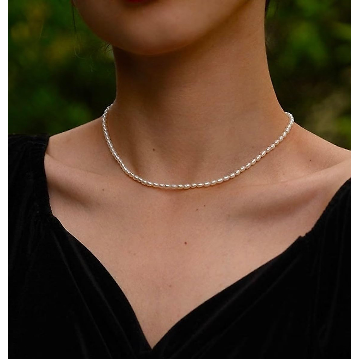 Pearl Necklace for Women, Handmade with Tiny White Freshwater Pearls and Silver Clasps and Adjustable Chain Pearl Choker 14", Cute Trendy Summer Jewelry for Girls