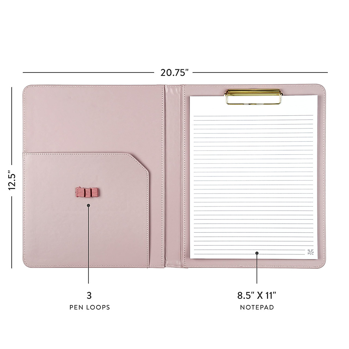 Erin Condren Vegan Leather with Metallic Accents Clipfolio with Lined Notepad Included. Measures 9.75”W x 12.5”L x 1.25”H. Includes a 25 Sheet Note Taking Pad