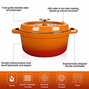 WISELADY Enameled Cast Iron Dutch Oven Bread Baking Pot with Lid (4QT, Orange)
