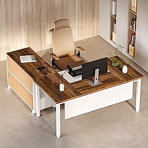 LITTLE TREE 63-inch L-Shaped Executive Computer Desk and File Cabinet, Office Desk with Drawers Filing Cabinet,Credenza Desk Set for Home Office
