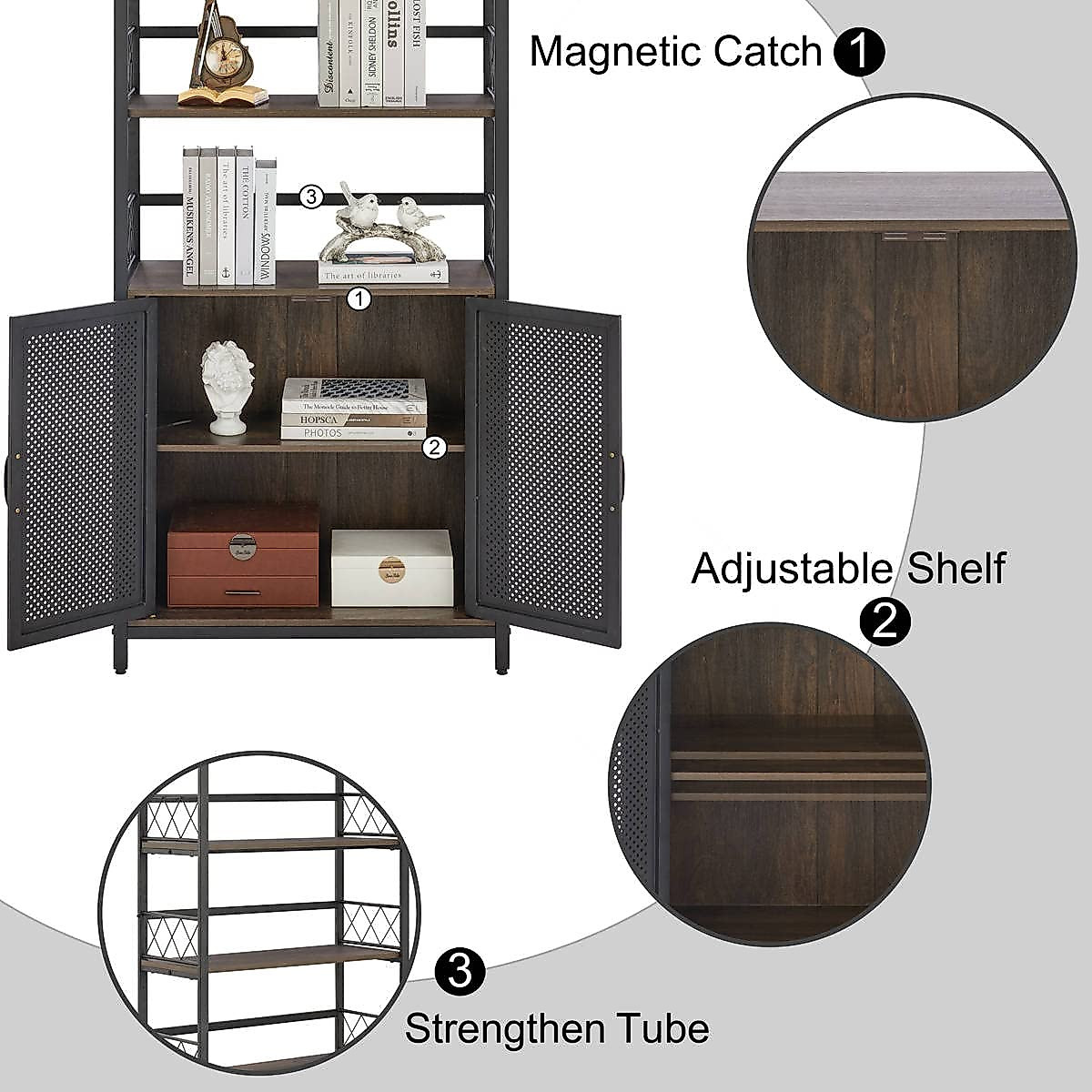 Aubtik Farmhouse Book Shelf with Storage, Industrial Tall Bookshellf with Doors and Shelves, Rustic Wood Bookcase with Cabinet for Home Office, Living Room, Classroom (Walnut Brown)