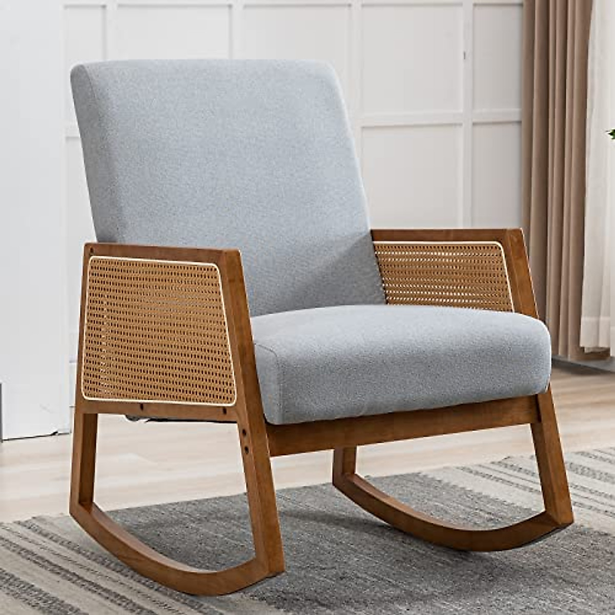 NIOIIKIT Nursery Rocking Chair with Wood Frames, Mid Century Upholstered Farmhouse Living Room Armchair, Comfy Glider Rocker for Nursery Living Room Bedroom Reading Indoor (Light Grey)