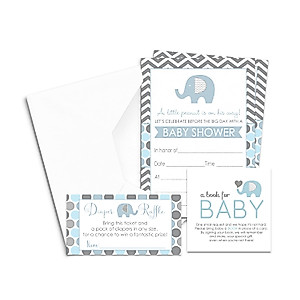 Paper Clever Party Blue Elephant Baby Shower Invitation Bundle with Blank Invites with Envelopes for Boys Diaper Raffle Tickets Bring a Book Insert Cards Set (25 of Each) Jungle Theme Royal Prince
