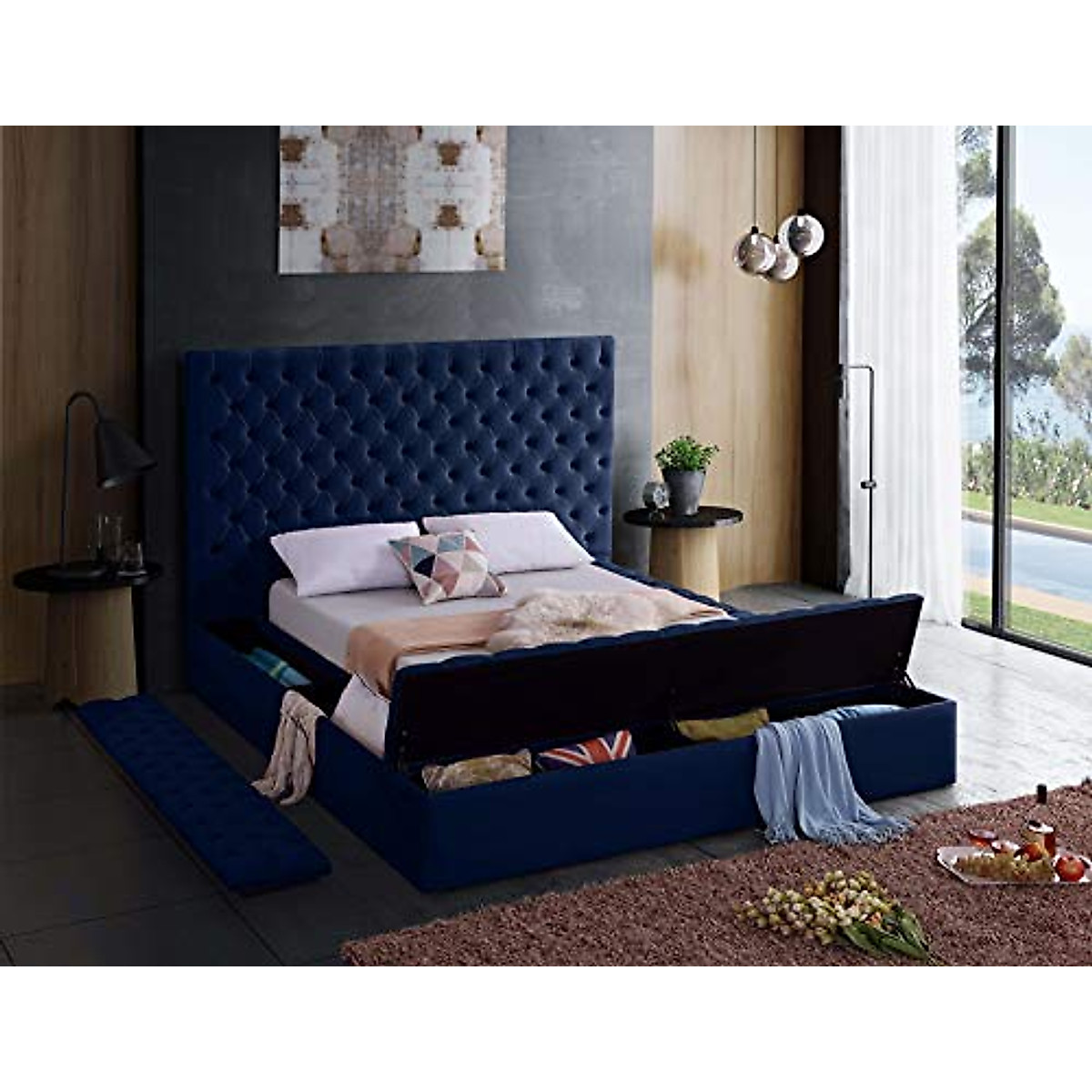 Meridian Furniture Bliss Collection Modern | Contemporary Velvet Upholstered Bed with Deep Button Tufting and Storage Compartments in Rails and Footboard, Queen, Navy